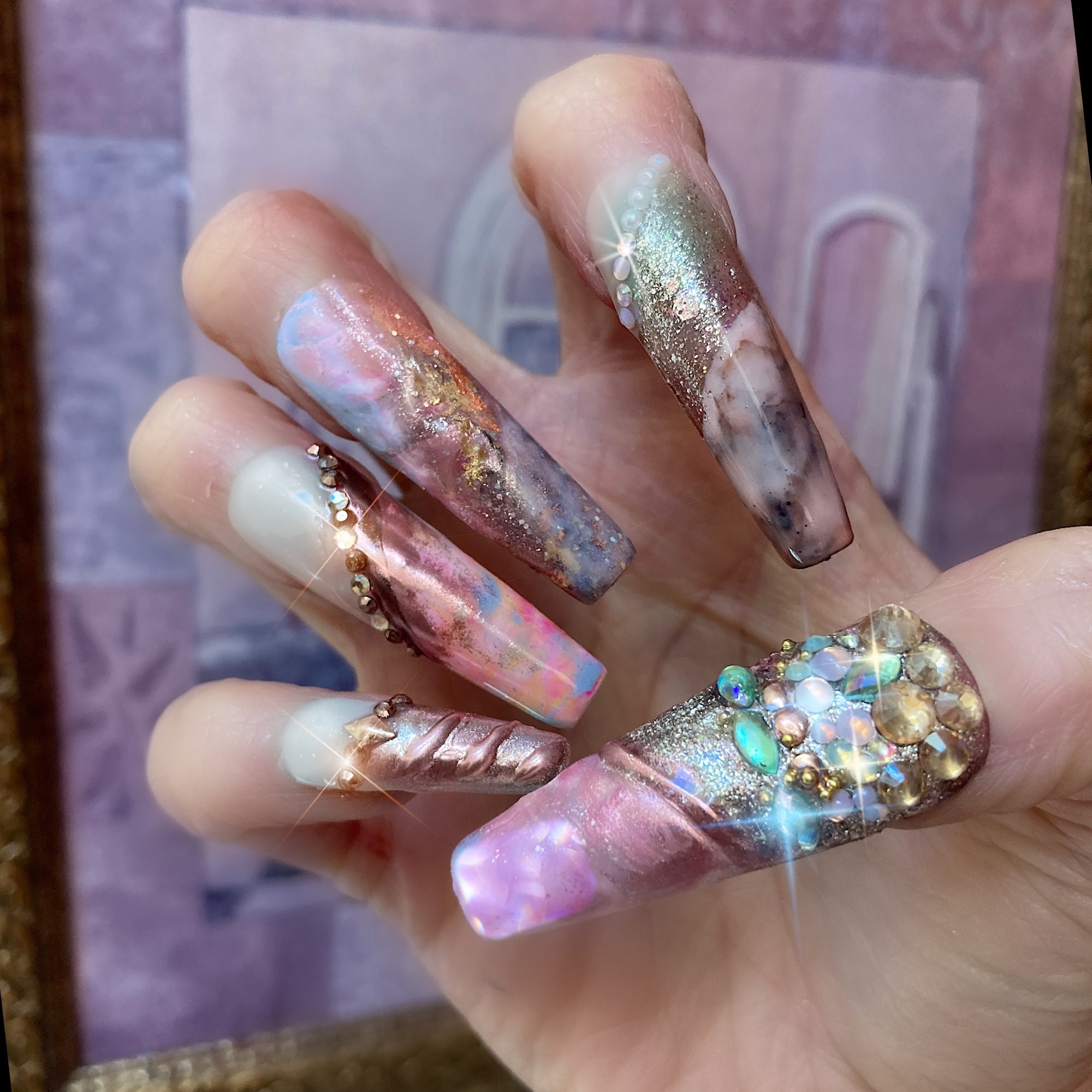 Da Bomb Nails/drama Extra Long Press on Nails W/rose Gold | Etsy