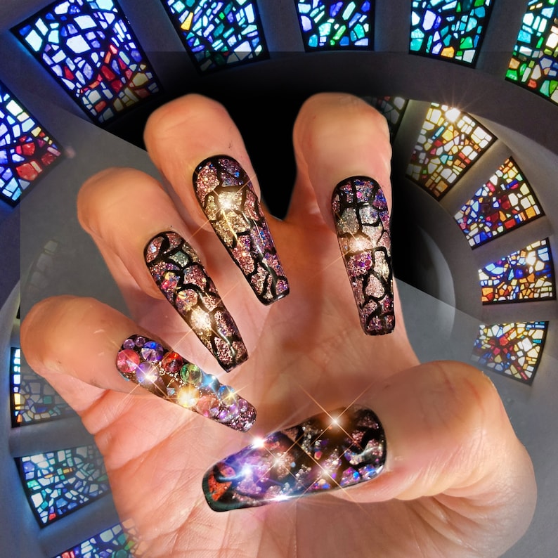 Stained Glass Hand Painted Press on Nails/extra Long Nails/ Glitter ...