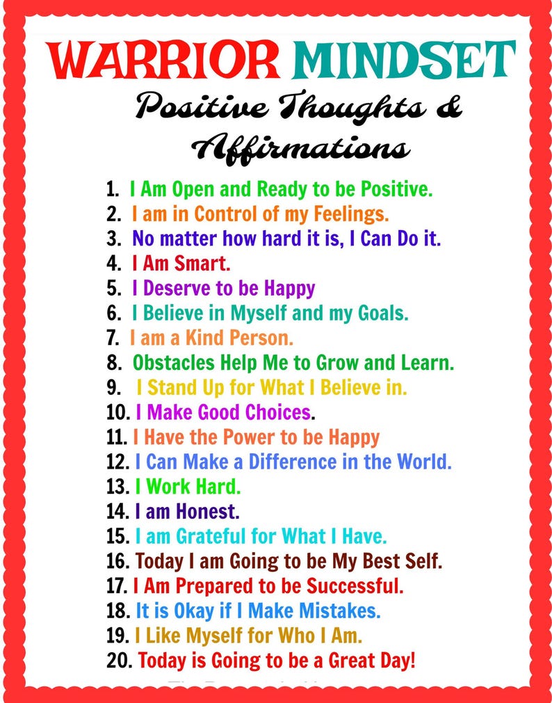 20 Affirmations PDF Warrior Mindset | Motivational Mindset Printable ...