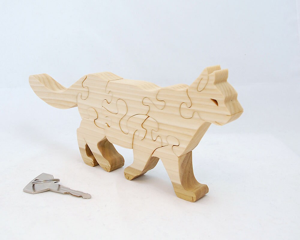 Wooden Cat Puzzle. Kitty wood Jigsaw Art shelf Sitter animal Desk Toy ...