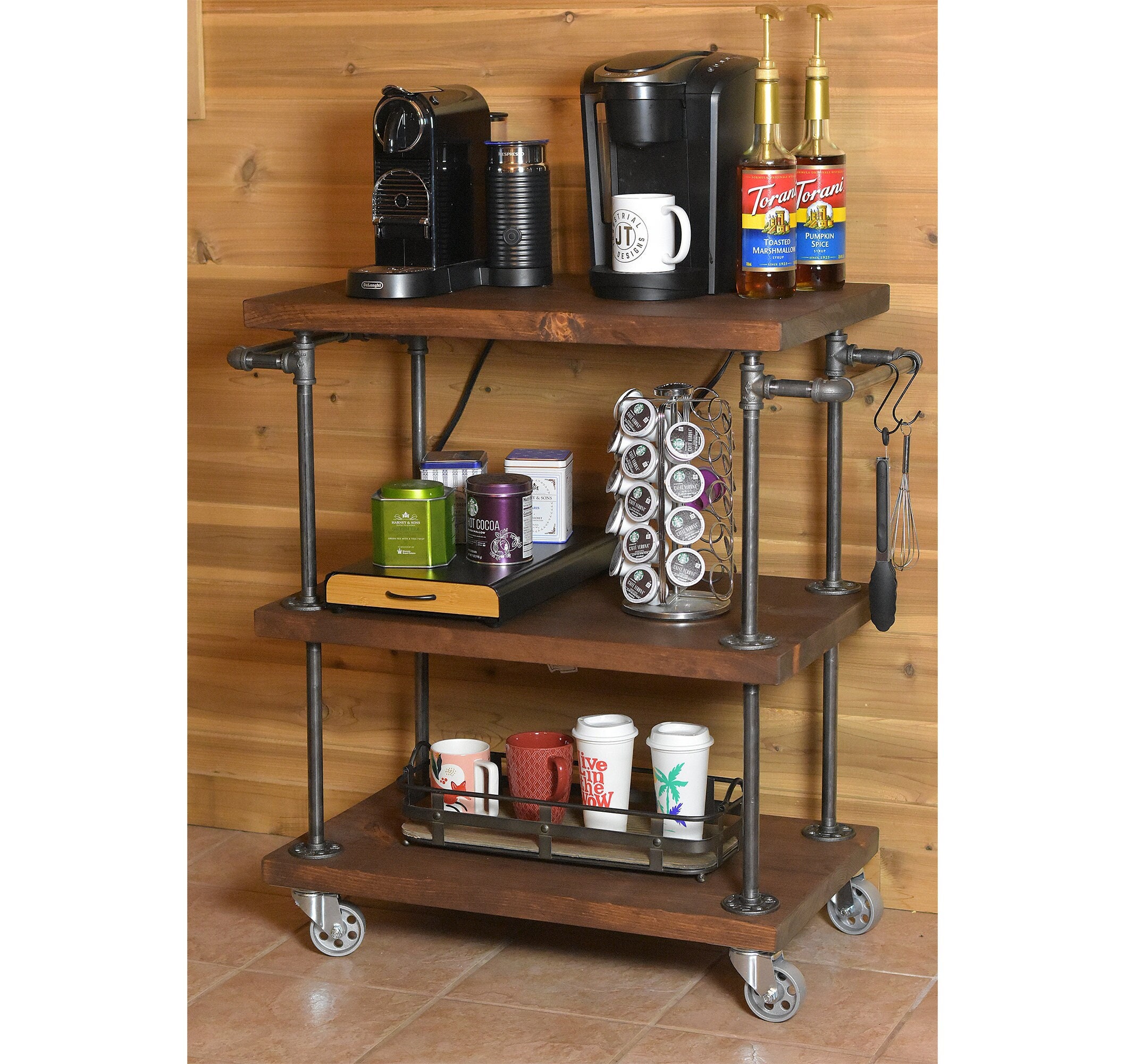 Industrial Coffee Bar Cart With Rolling Casters Farmhouse - Etsy