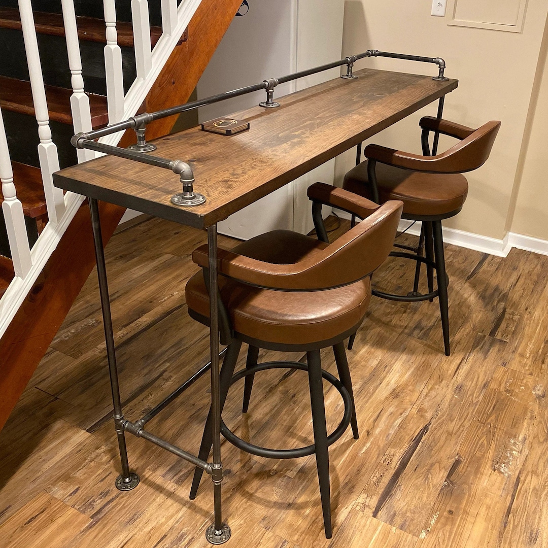 Industrial Vintage Style High Bar Table With Drink Rail, Solid Wood ...