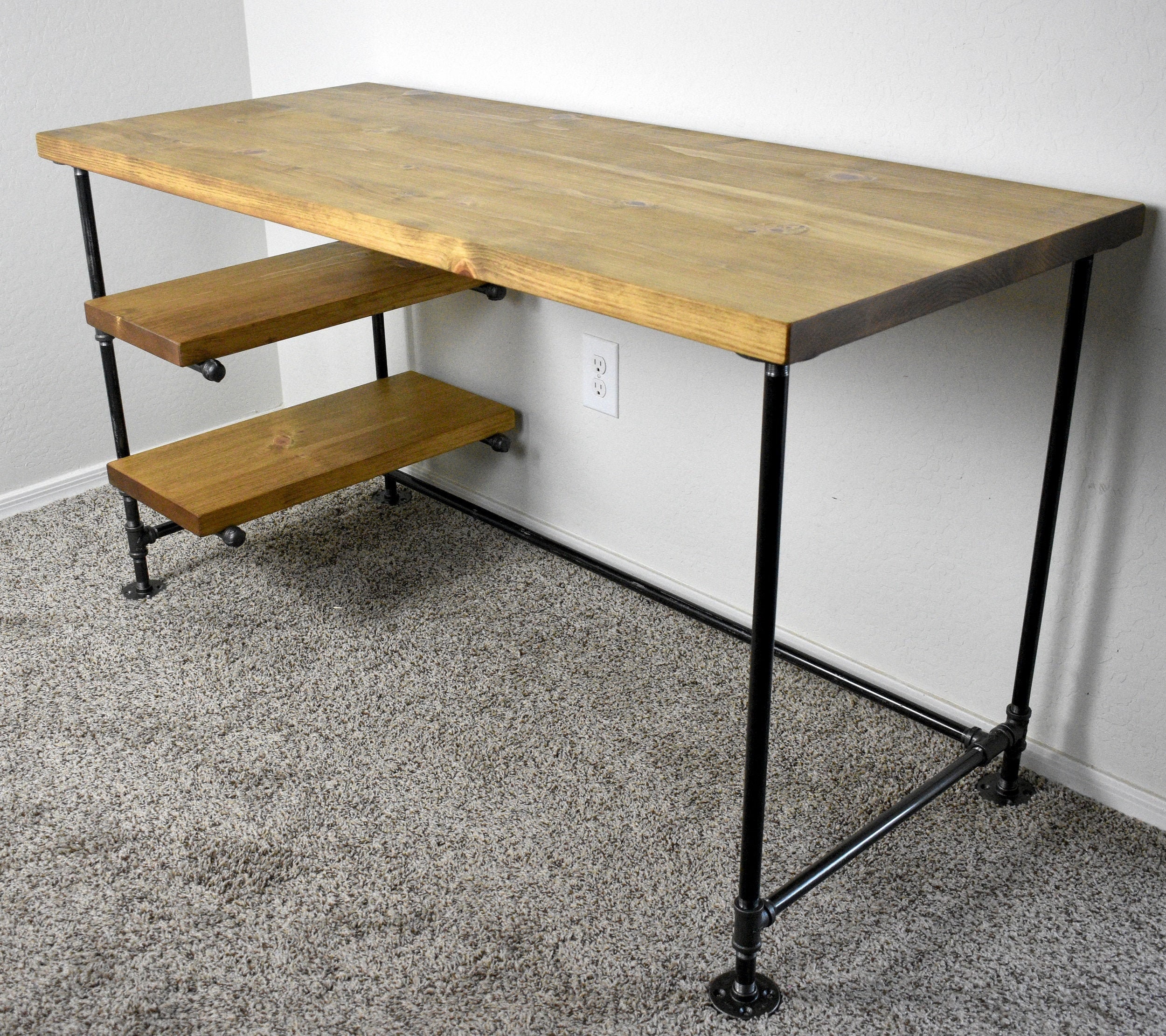 Industrial Desk With Pipe Frame and Shelves, Vintage Rustic Style ...