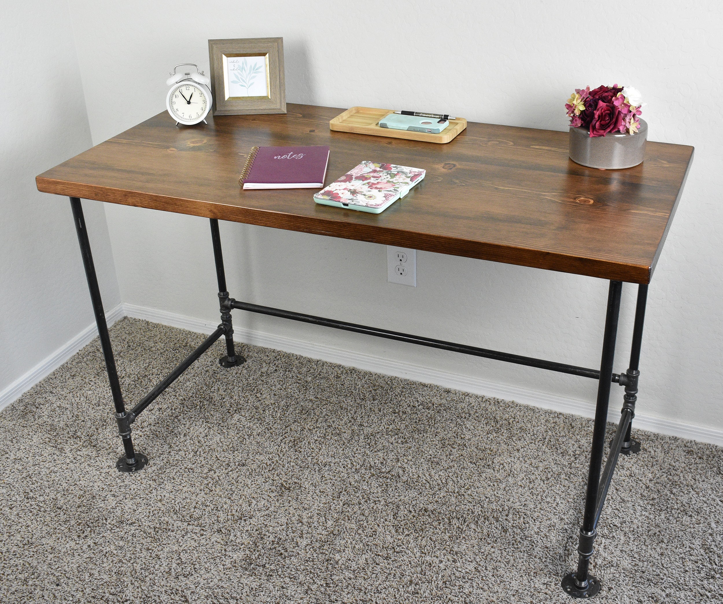 Industrial Desk With Metal Pipe Frame, Vintage Rustic Style Office Desk ...