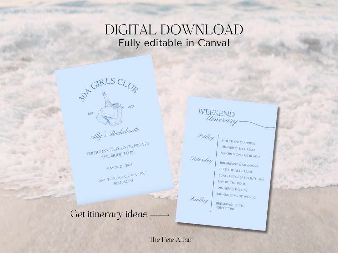 Coastal 30A Bachelorette Invitation and Itinerary Template, Beach ...