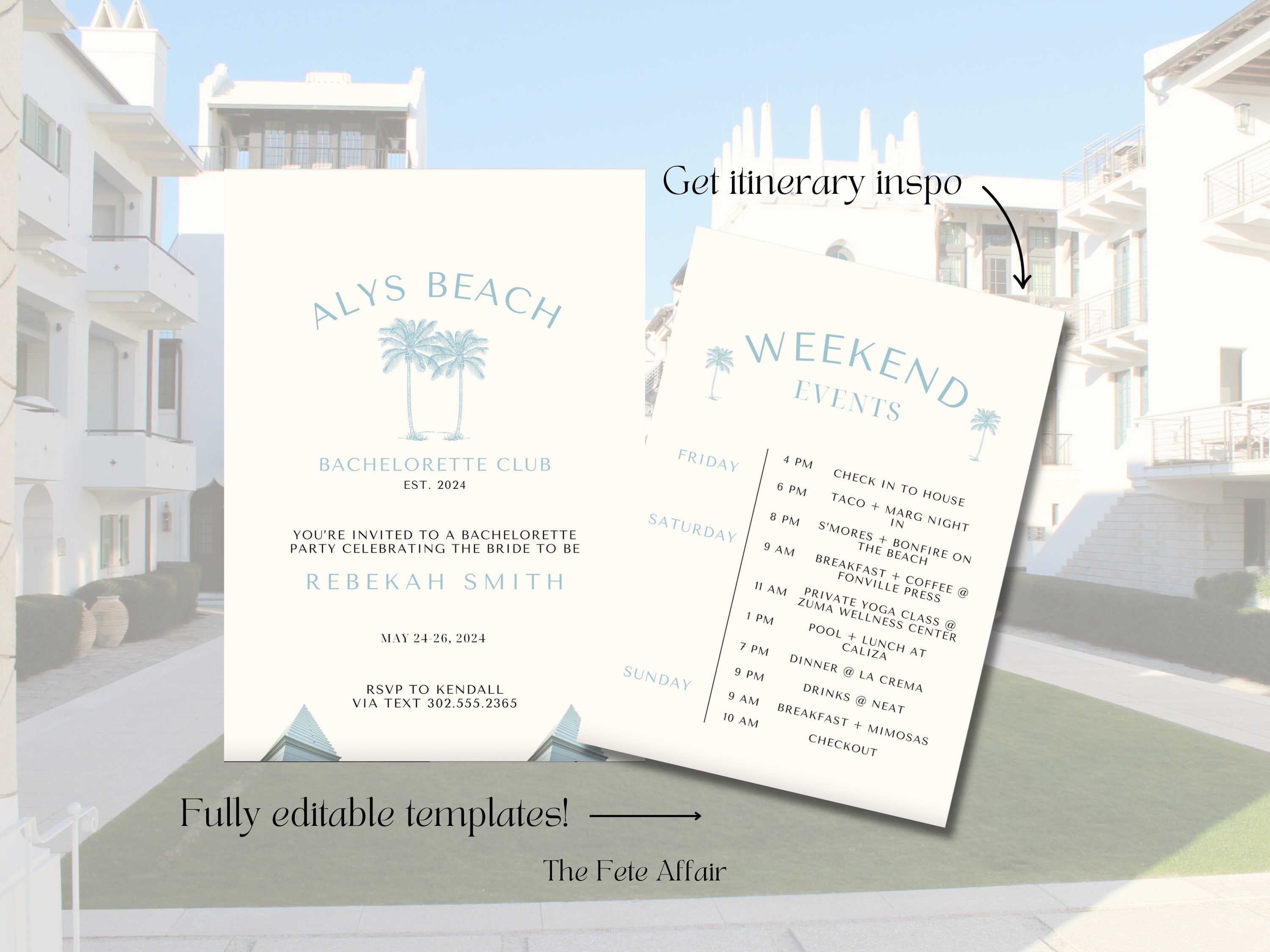 Coastal 30A Alys Beach Bachelorette Invitation and Itinerary Template ...
