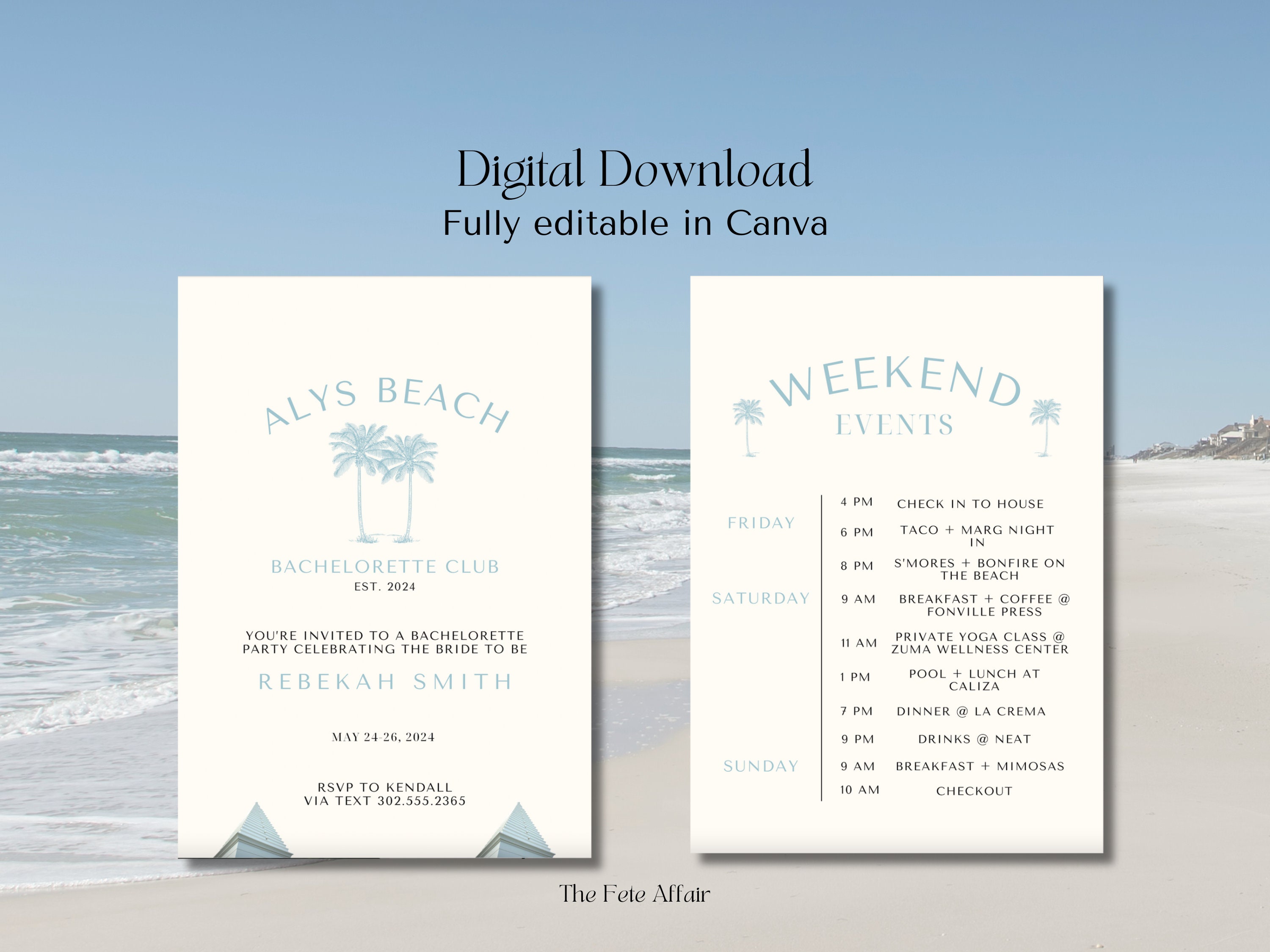 Coastal 30A Alys Beach Bachelorette Invitation and Itinerary Template ...