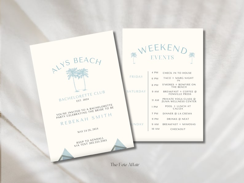 Coastal 30A Alys Beach Bachelorette Invitation and Itinerary Template ...