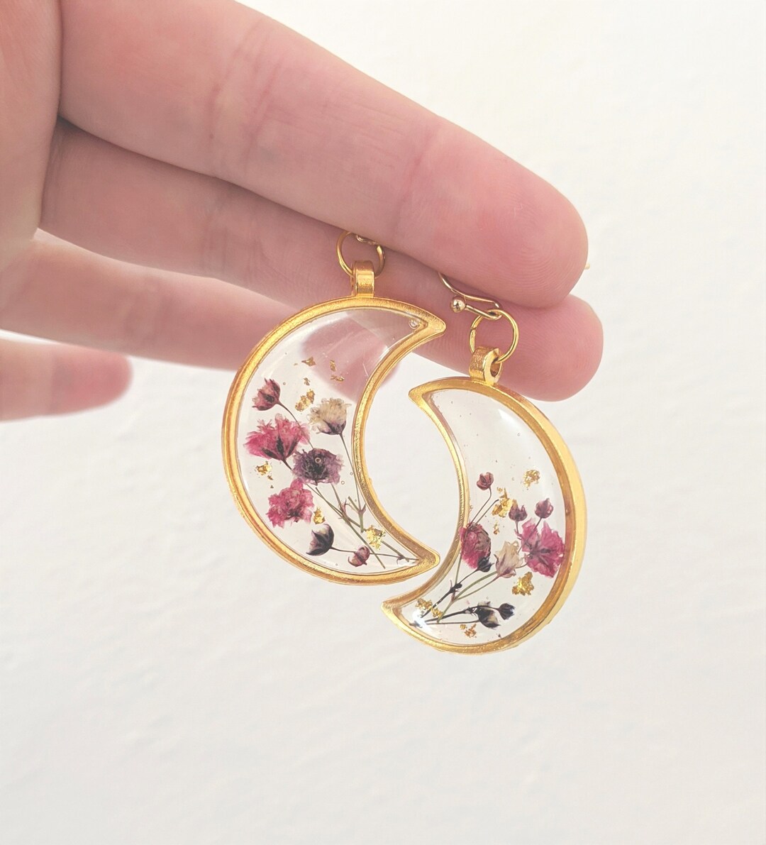 Pressed Flower Earrings, Resin Moon Dangles, Real Dried Flowers ...