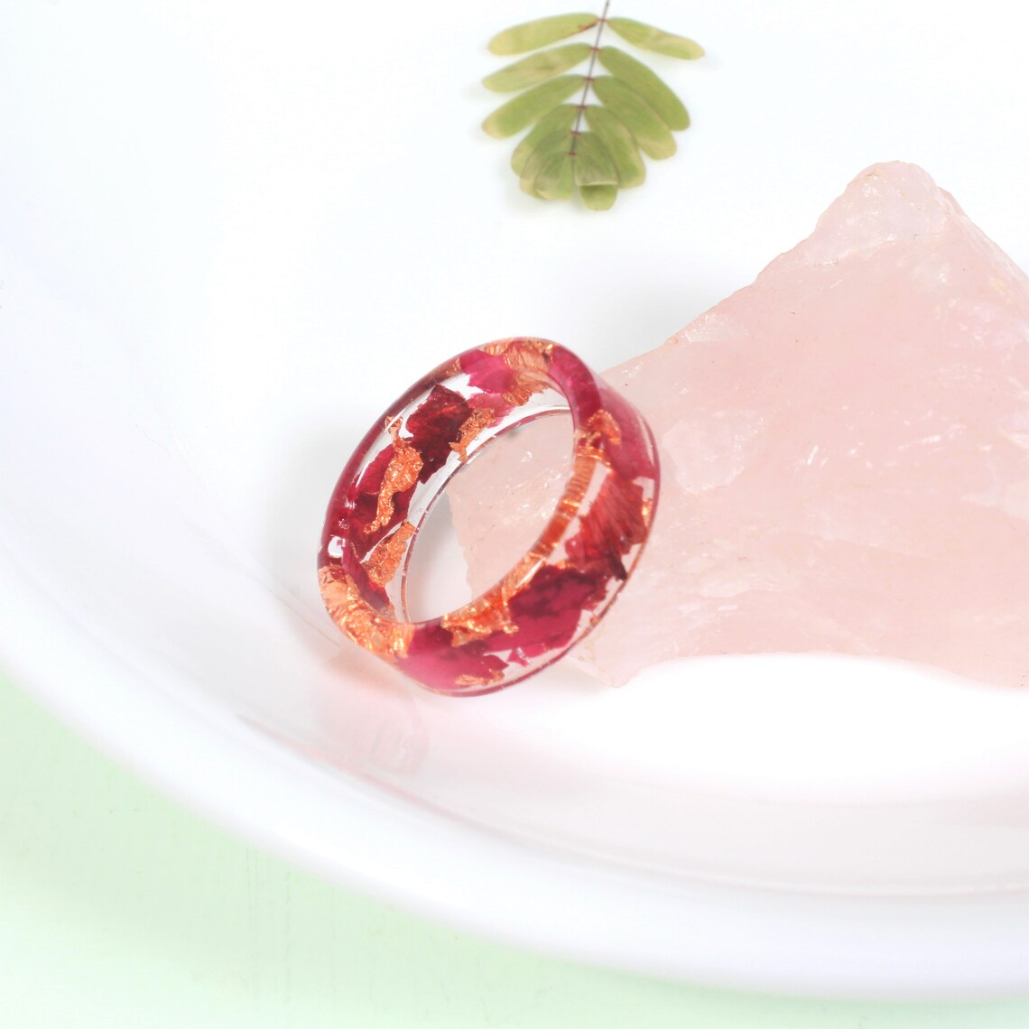 Real Pressed Flower Ring Rose Petal and Copper Rose Gold Leaf | Etsy