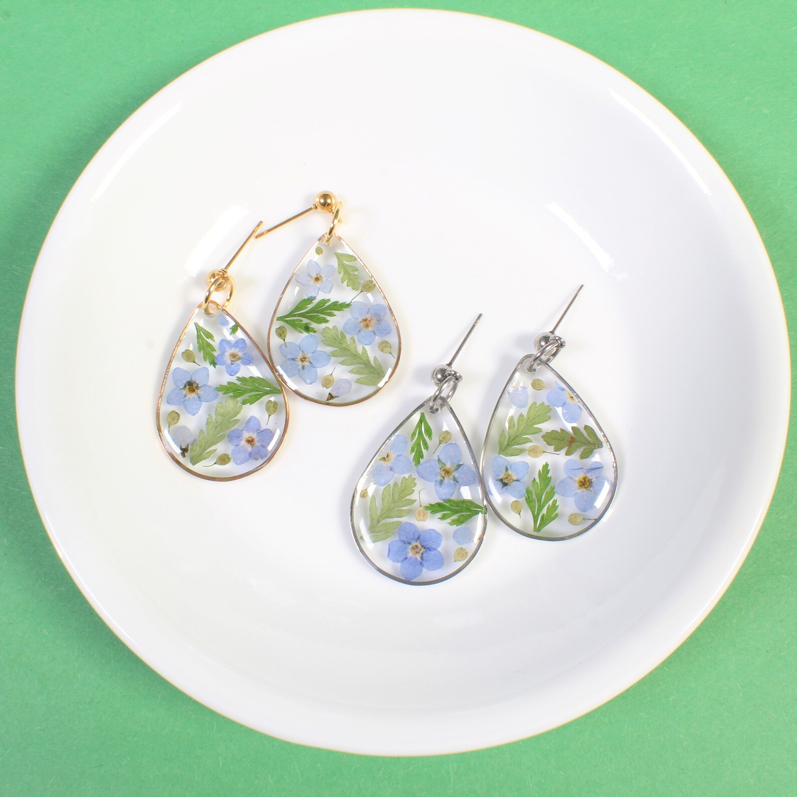 Forget-me-not Flower Fern Leaf Earrings, Pressed Flower Jewelry, Large ...