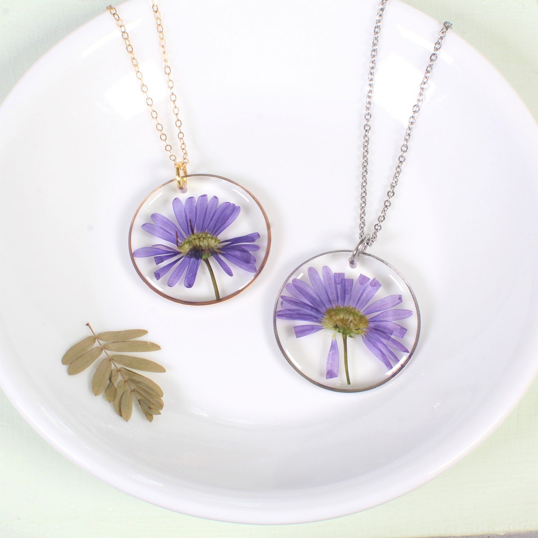 September Birth Flower Necklaces, Purple Aster Jewelry, Pressed Flower ...