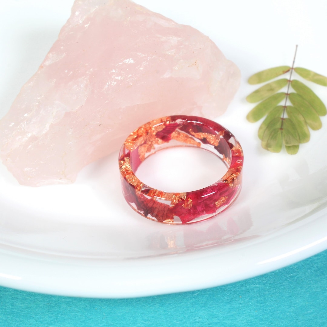 Real Pressed Flower Ring, Rose Petal and Copper Rose Gold Leaf Clear ...