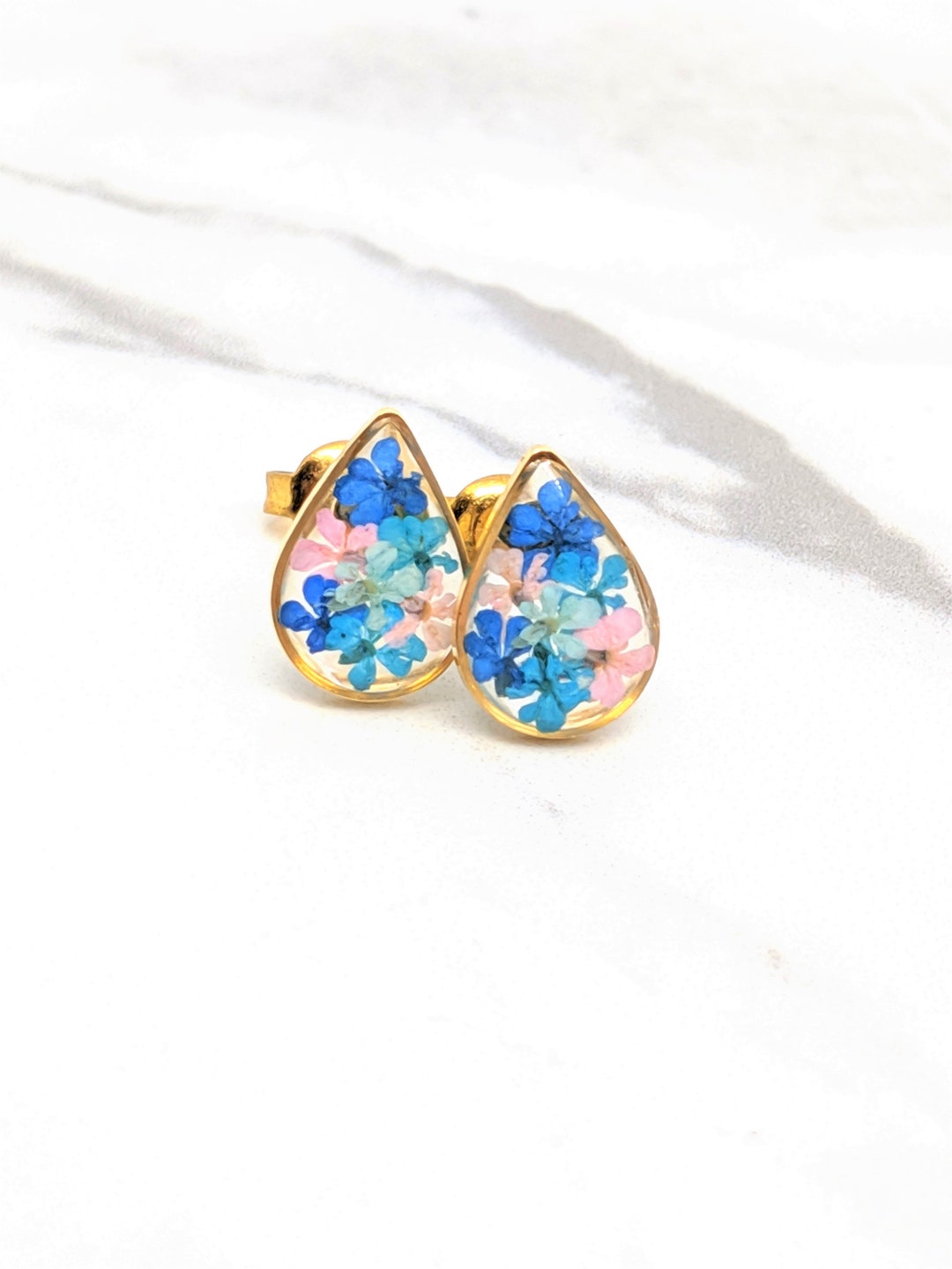 Pressed Flower Earrings, Teardrop Posts, Gold, Navy, Teal, Pink Pressed ...
