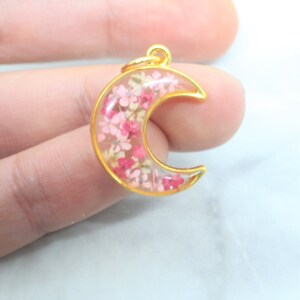 Pressed Flower Moon Necklace, Small Gold Moon Pendant, Maroon, Blush ...