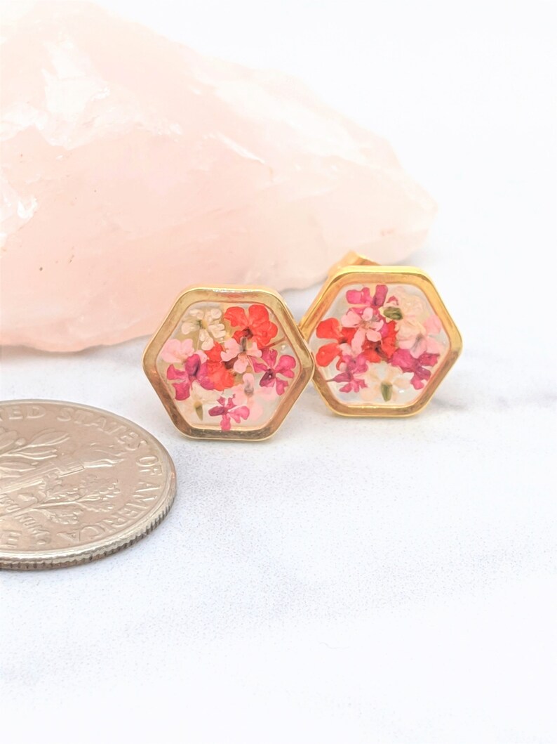 Pressed Flower Earrings 24K Gold Plated Hexagon Stud Earring | Etsy