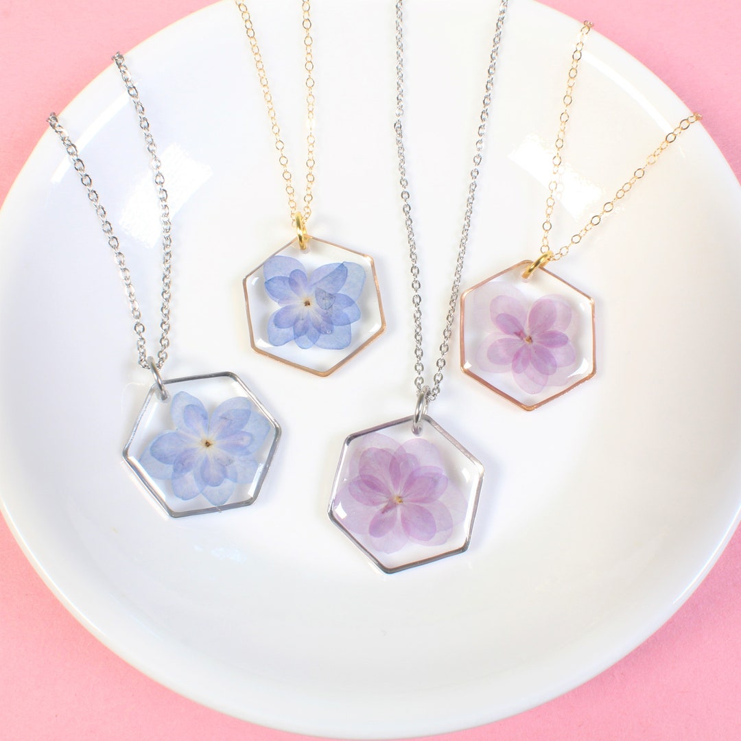Hydrangea Necklace, Real Pressed Flower Pendant, Purple, Blue, Gold ...
