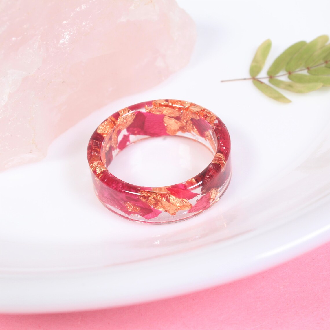 Real Pressed Flower Ring Rose Petal and Copper Rose Gold Leaf - Etsy