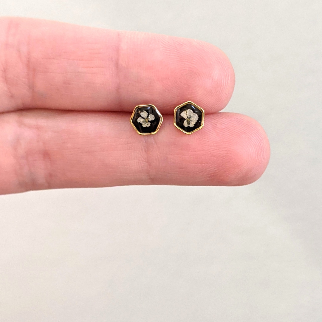 Tiny Real Pressed Flower Earrings, Gold Hexagons, White, Black, Minimalist Studs, Pressed ...