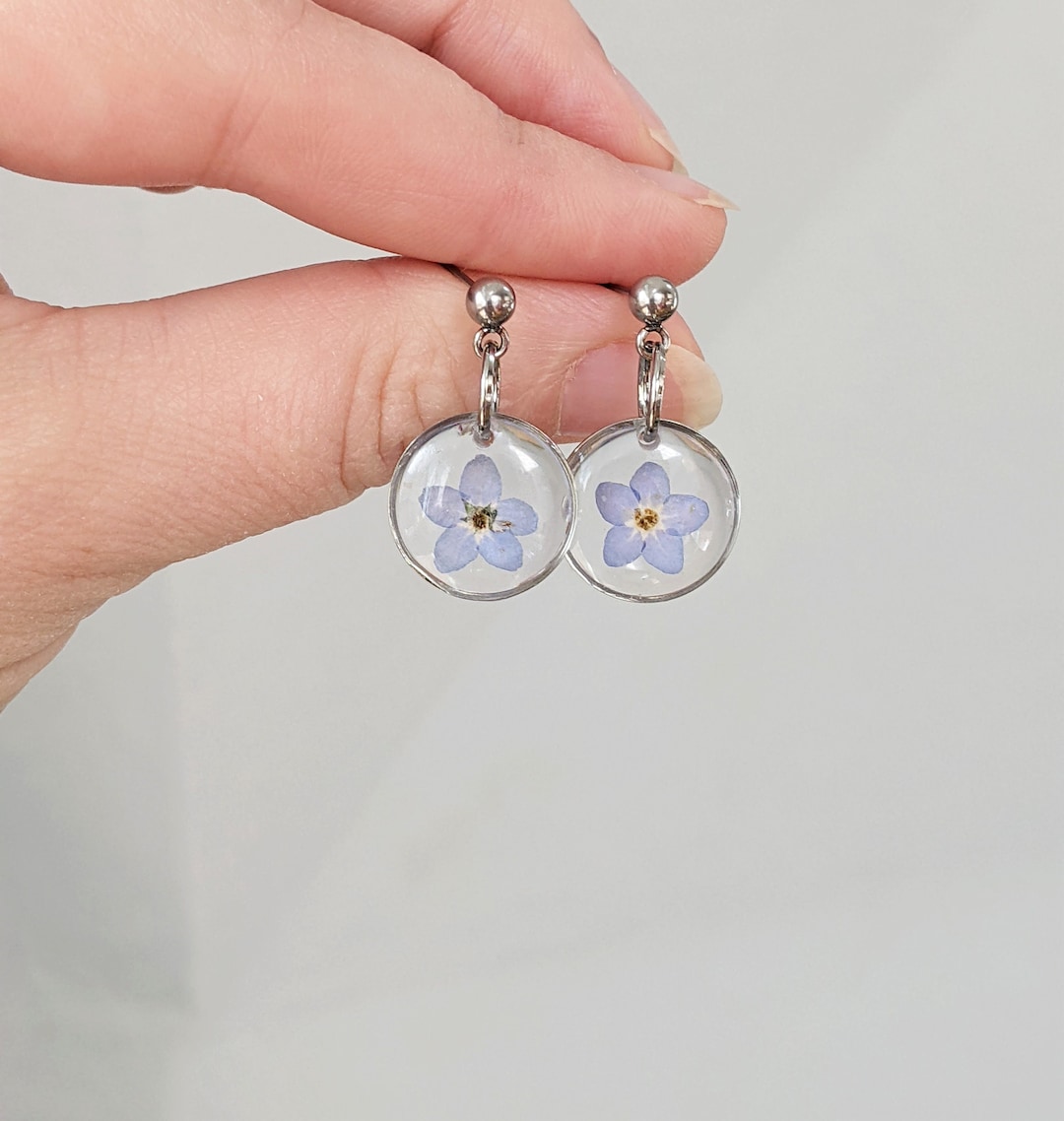 Silver Forget-me-not Earrings, Small Forget Me Not Resin Dangle Studs ...