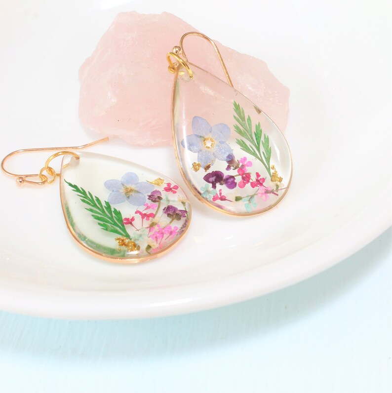 Pressed Flower Earrings Large Teardrop Dangles Dried Flower | Etsy