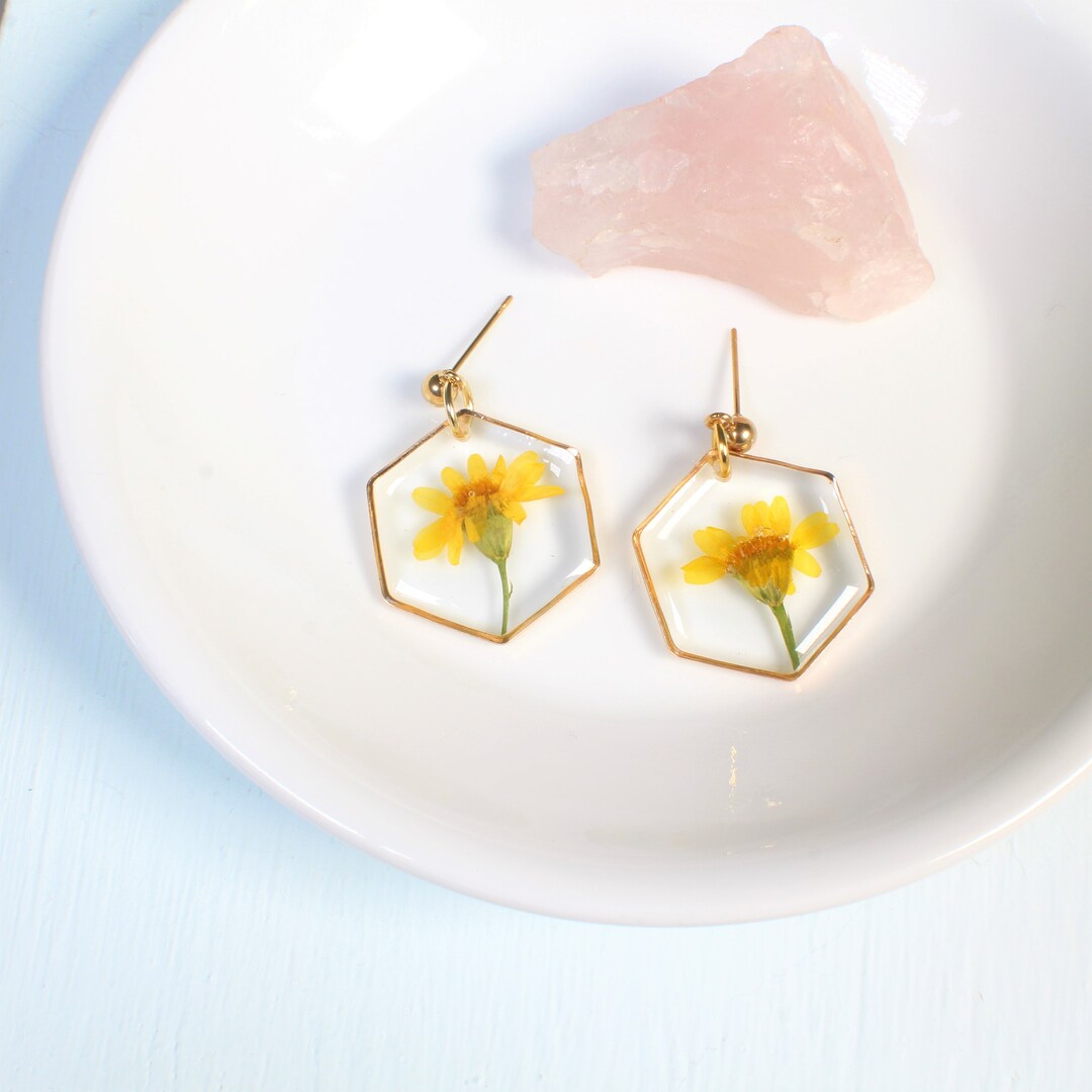 Yellow Pressed Flower Dangle Earrings, Real Daisy Resin Jewelry, Dried ...