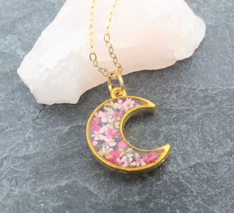 Pressed Flower Moon Necklace Small Gold Moon Pendant Maroon - Etsy