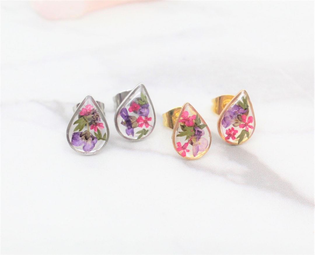 Pressed Flower Studs, Wildflower Posts, Real Flower Jewelry, Resin ...