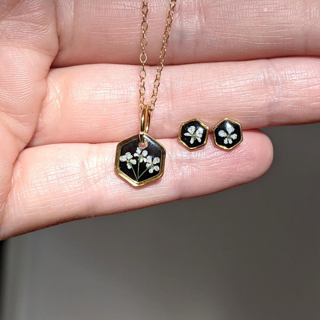 Tiny Real Pressed Flower Jewelry Set, Hexagons, Gold Silver Black White ...