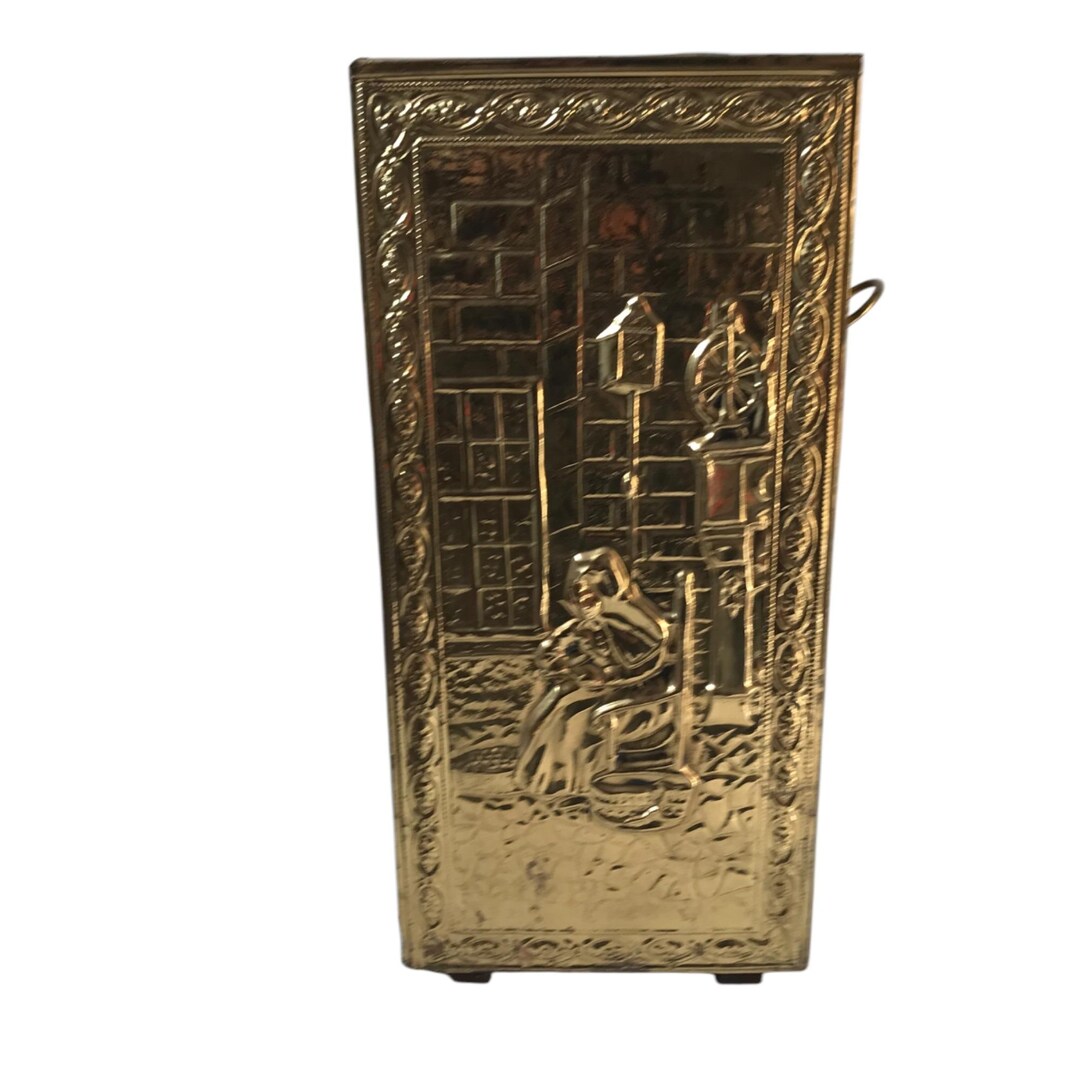 Vtg Brass Repousse Wood Fireplace Box + Ash Catcher Umbrella Stand Lion ...