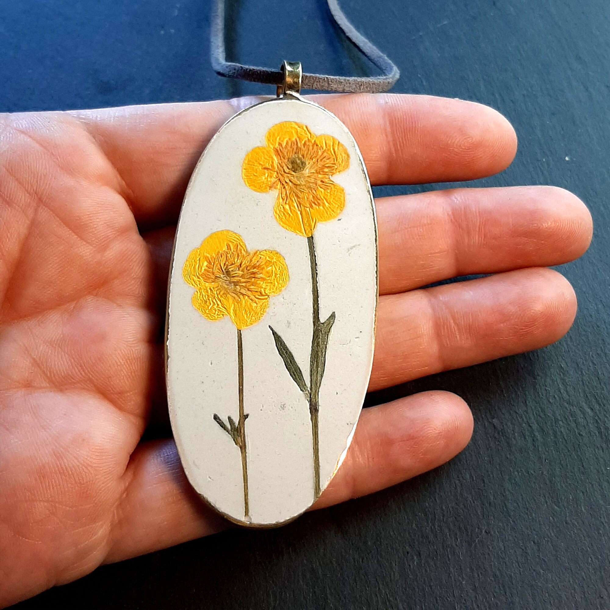Double Yellow Buttercup Flower Oval Pendant Necklace With - Etsy