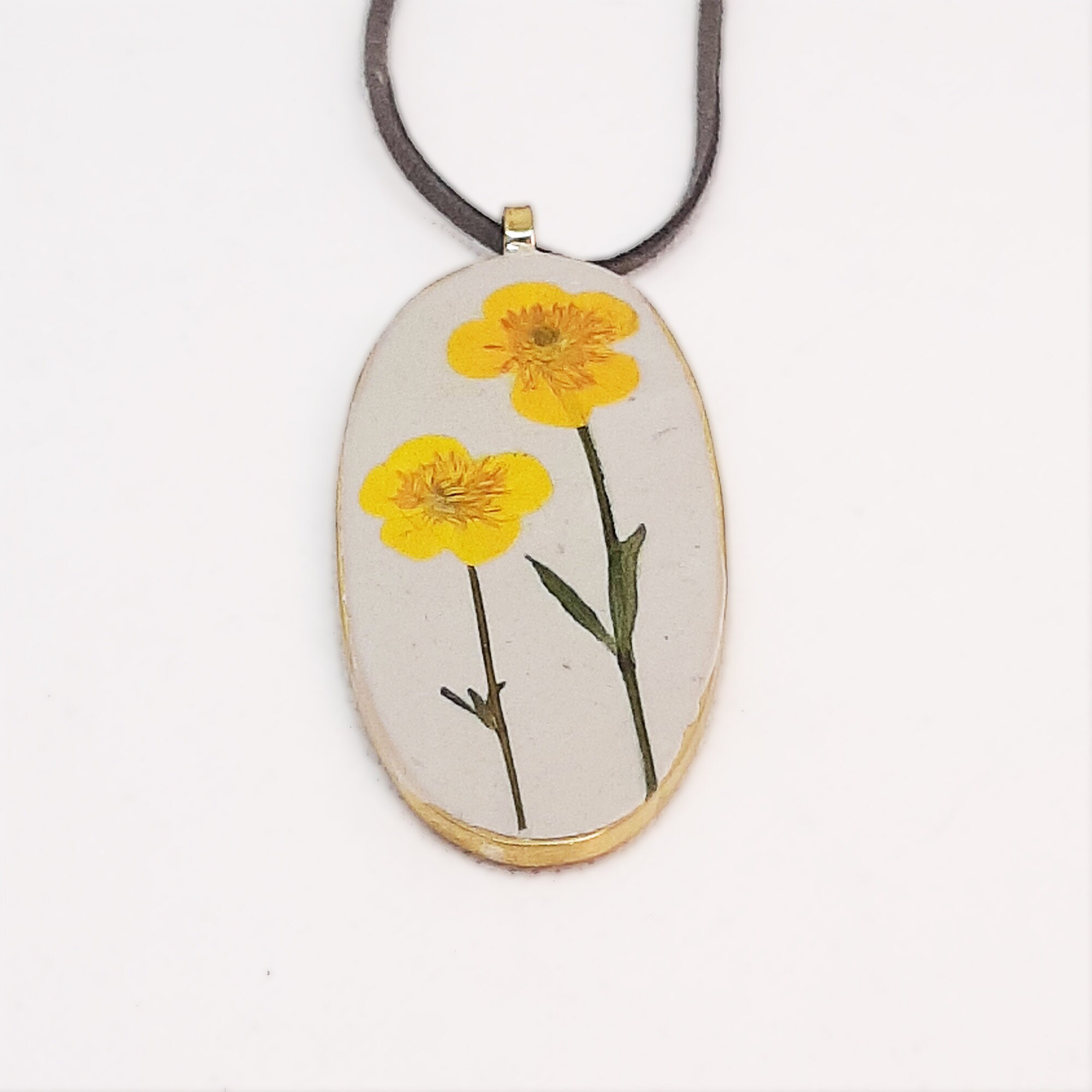 Double Yellow Buttercup Flower Oval Pendant Necklace With - Etsy
