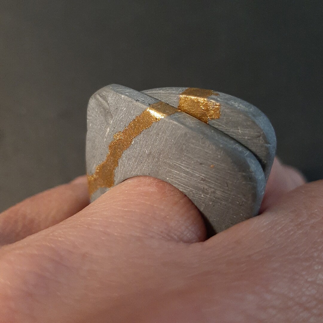 Contemporary Beton Statement Rings, Sliced Concrete and Gold Stacked ...