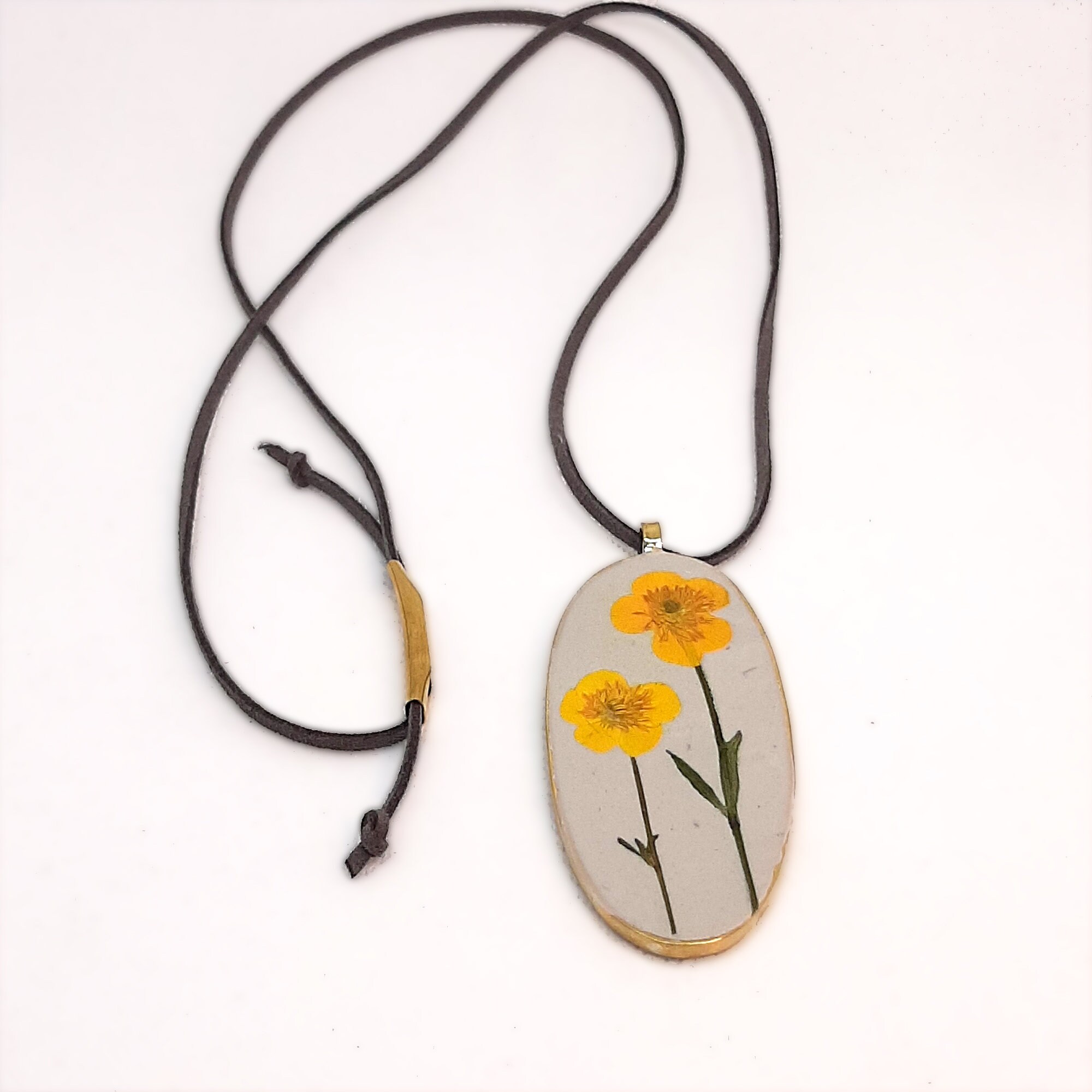 Double Yellow Buttercup Flower Oval Pendant Necklace With - Etsy
