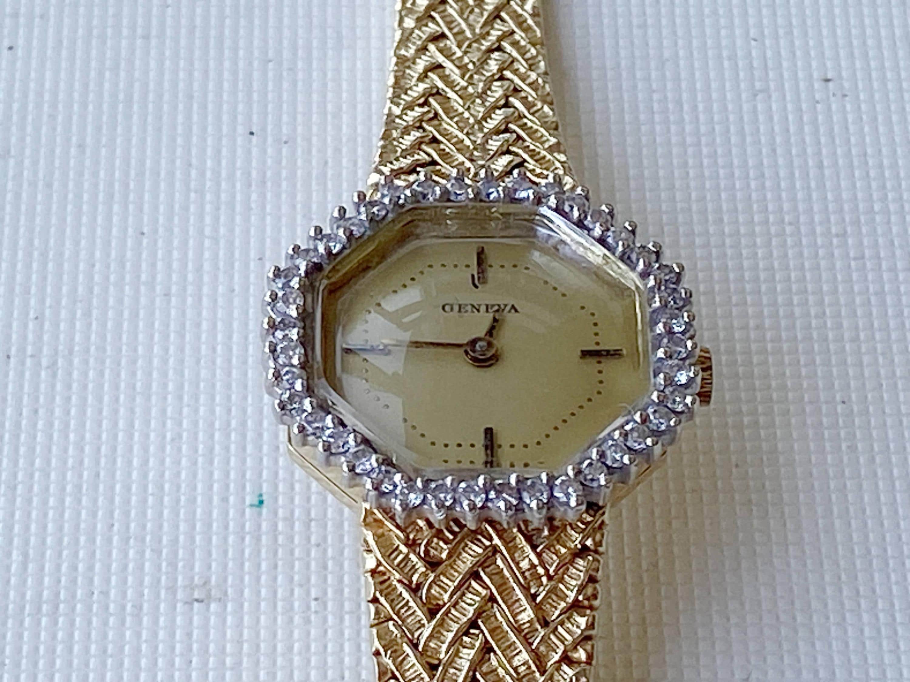 Vintage Geneva 14k Yellow Gold Diamond Watch: Braided Bracelet, 21mm ...