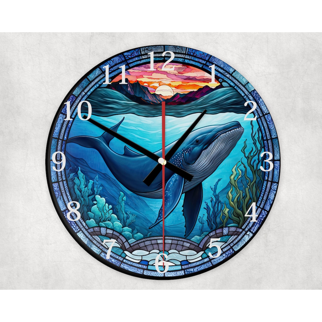Blue Whale Glass Wall Clock, Wall Decor, Faux Stained Glass ...
