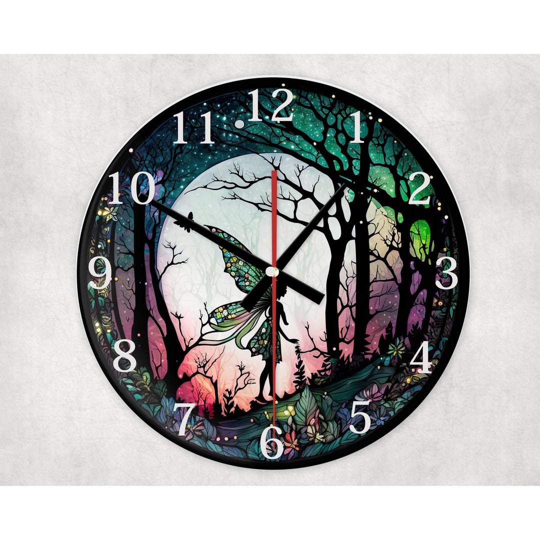 Woodland Fairy Glass Wall Clock, Wall Decor, Faux Stained Glass ...