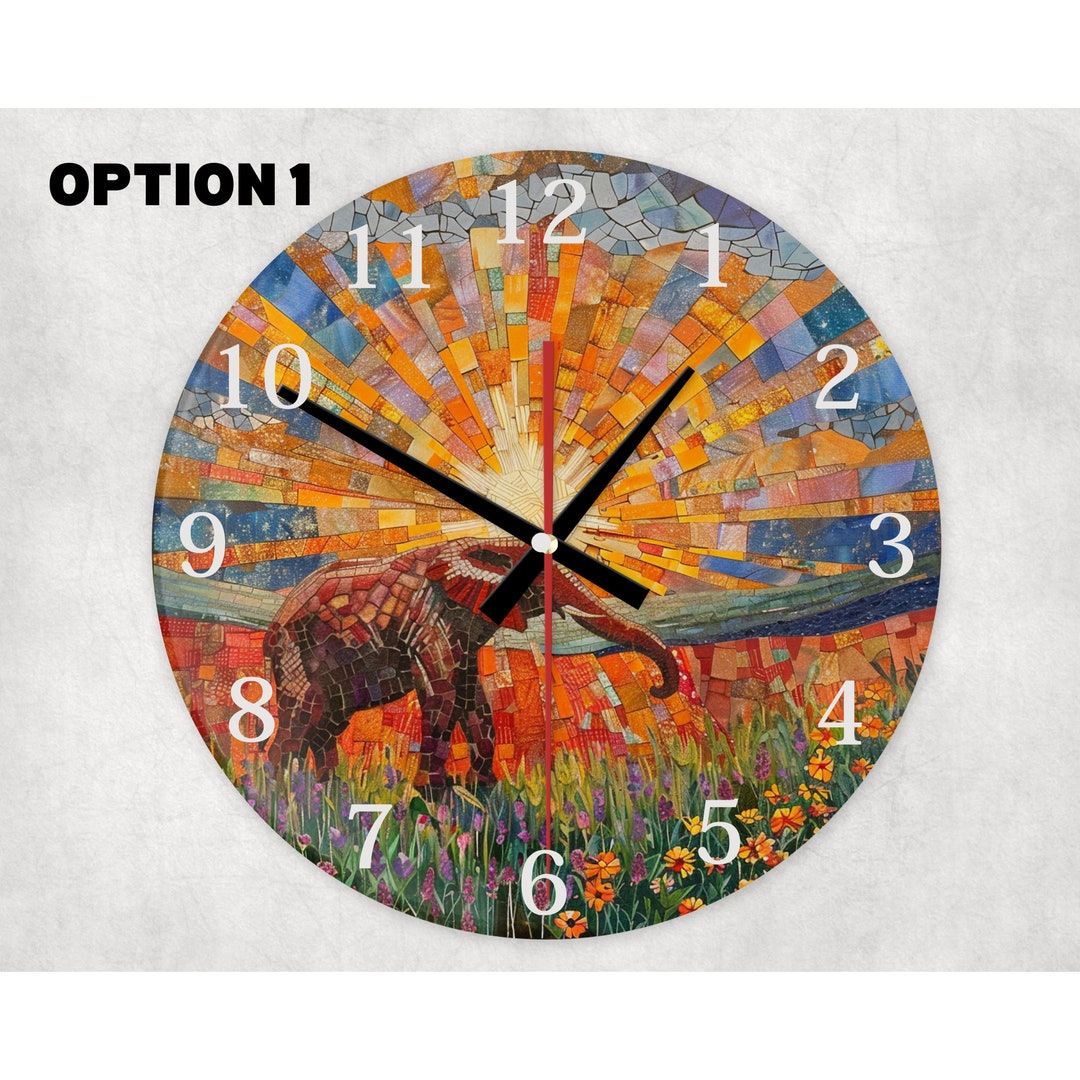 African Elephant Glass Wall Clock, Wall Decor, 3D Effect Faux Stained ...