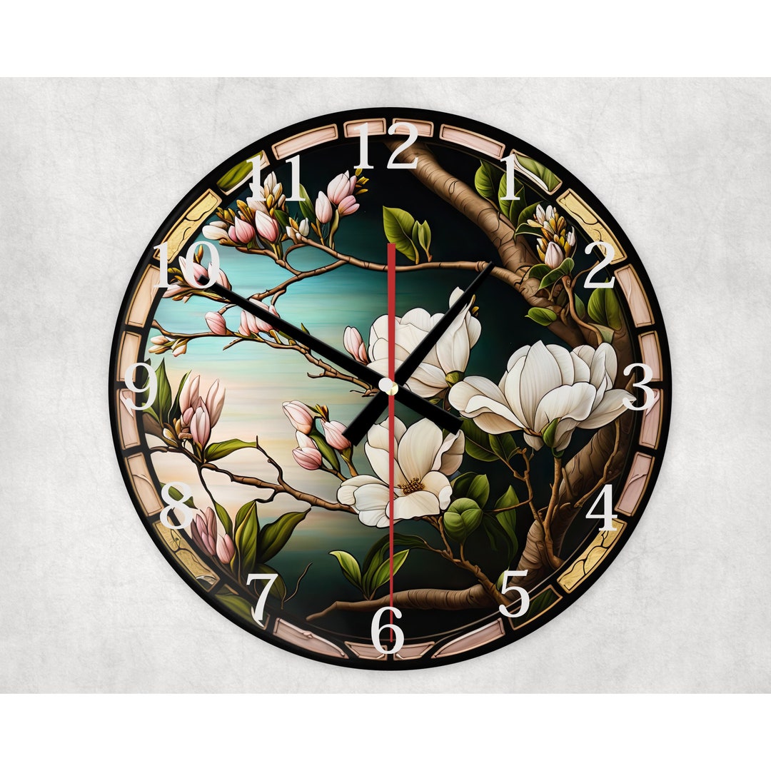Blooming Magnolia Round Glass Wall Clock, Wall Decor, Faux Stained ...