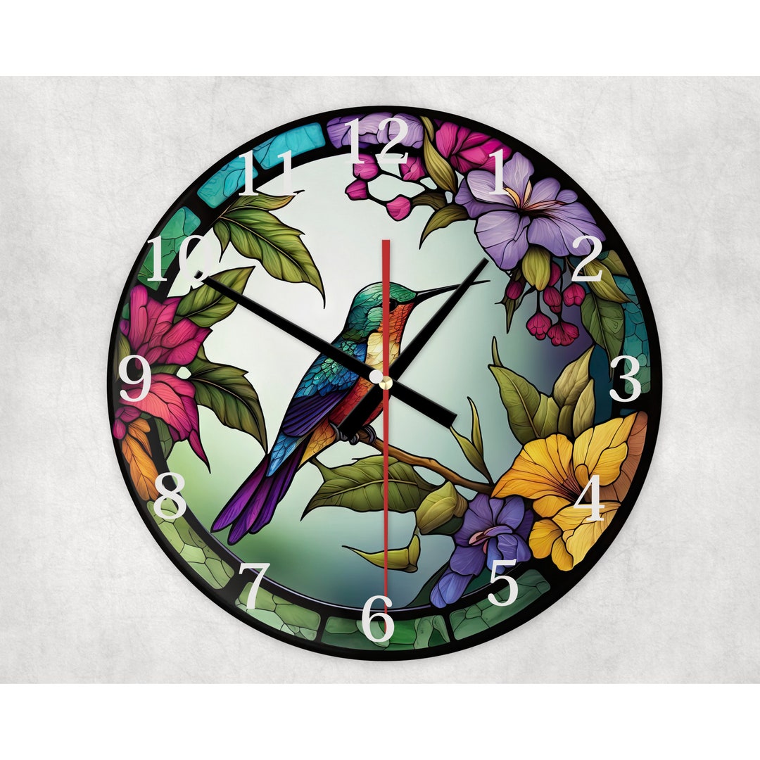 Hummingbird Glass Wall Clock, Wall Decor, Faux Stained Glass ...