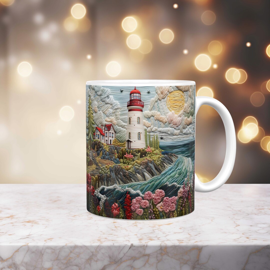 Faux Embroidery Watercolour Lighthouse Ceramic Mug 11oz – Coastal ...