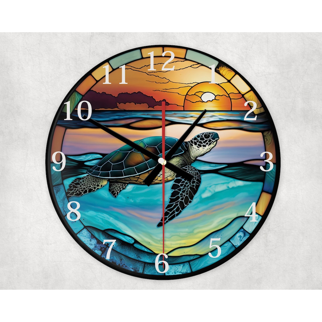 Sea Turtle Glass Wall Clock, Wall Decor, Faux Stained Glass ...