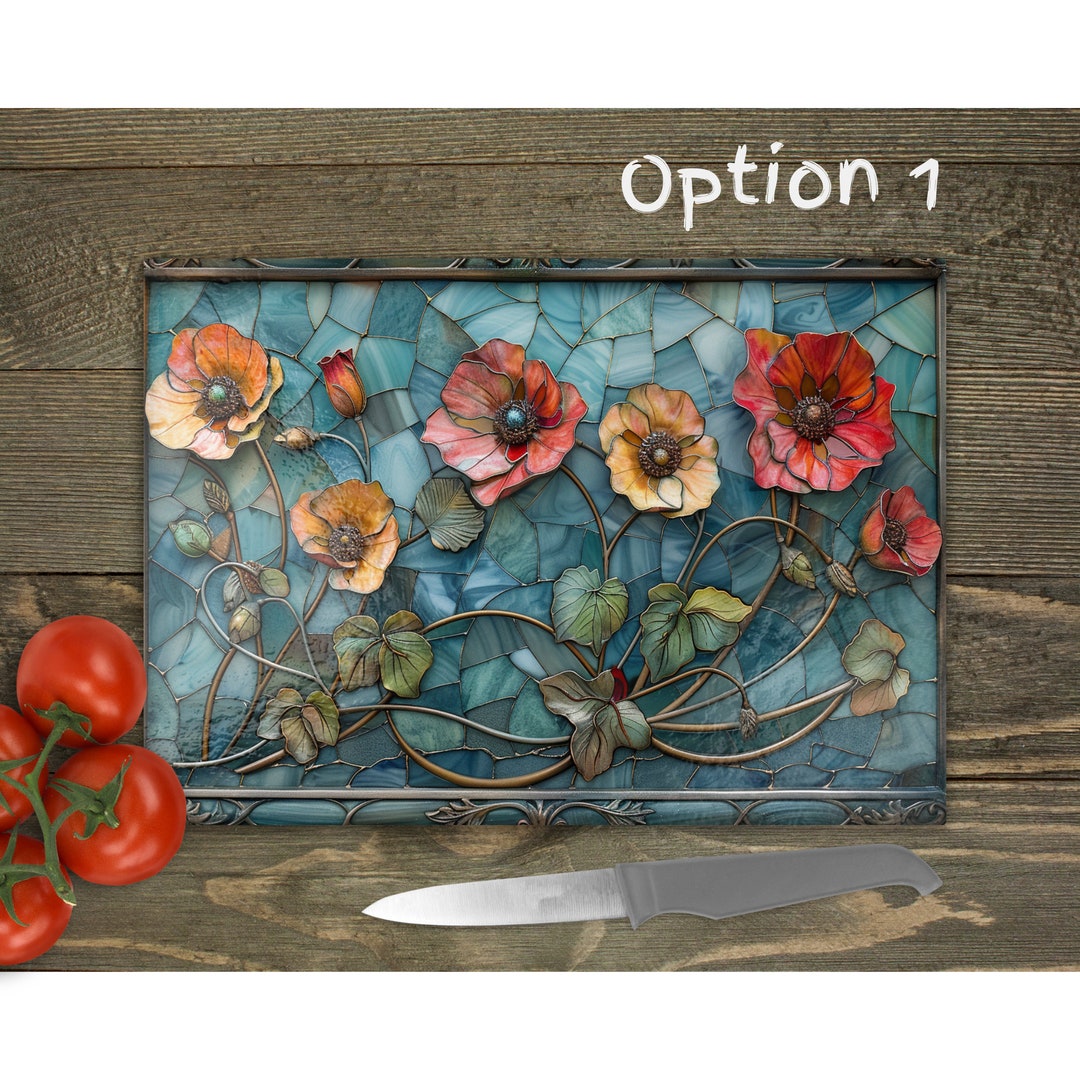 Poppy Field Glass Chopping Board | Faux Stained Glass Floral Kitchen ...