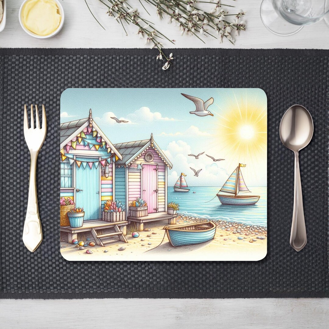 Beach Huts Placemats Set | Coastal Table Mats | Seaside Dining Decor ...