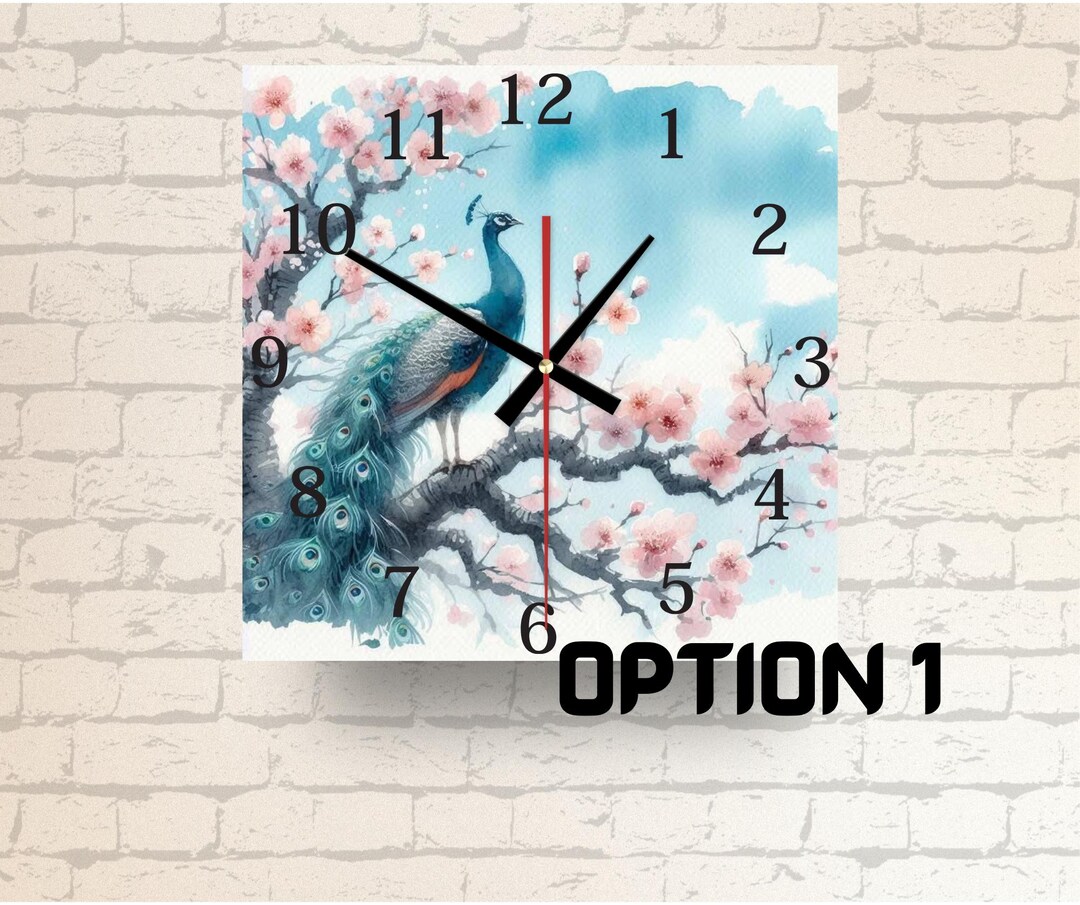 Peacock Cherry Blossom Square Glass Wall Clock - Watercolor Bird Art - Etsy