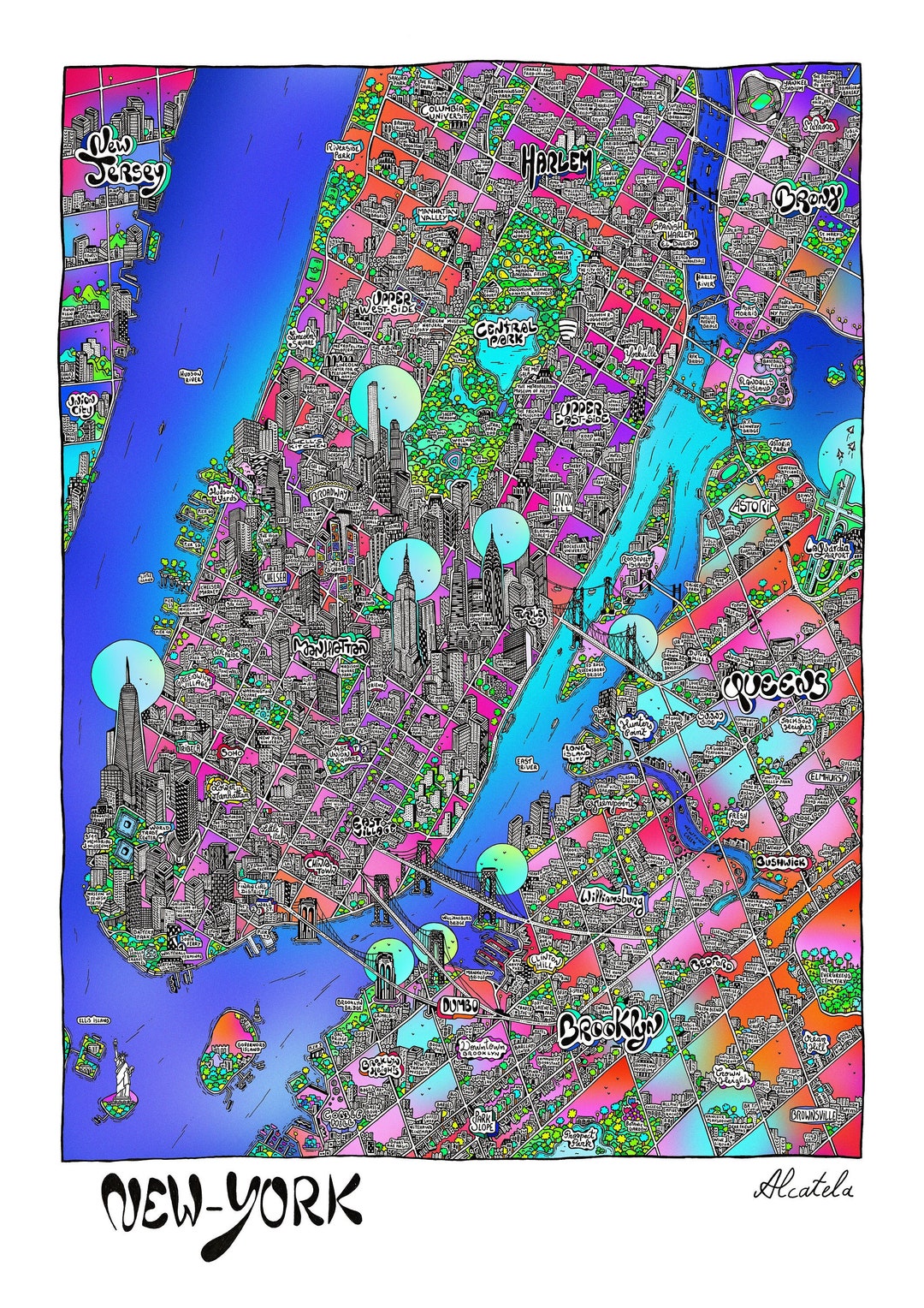 NEW YORK Poster Map of New York City Hand-drawn Cartography for Wall ...