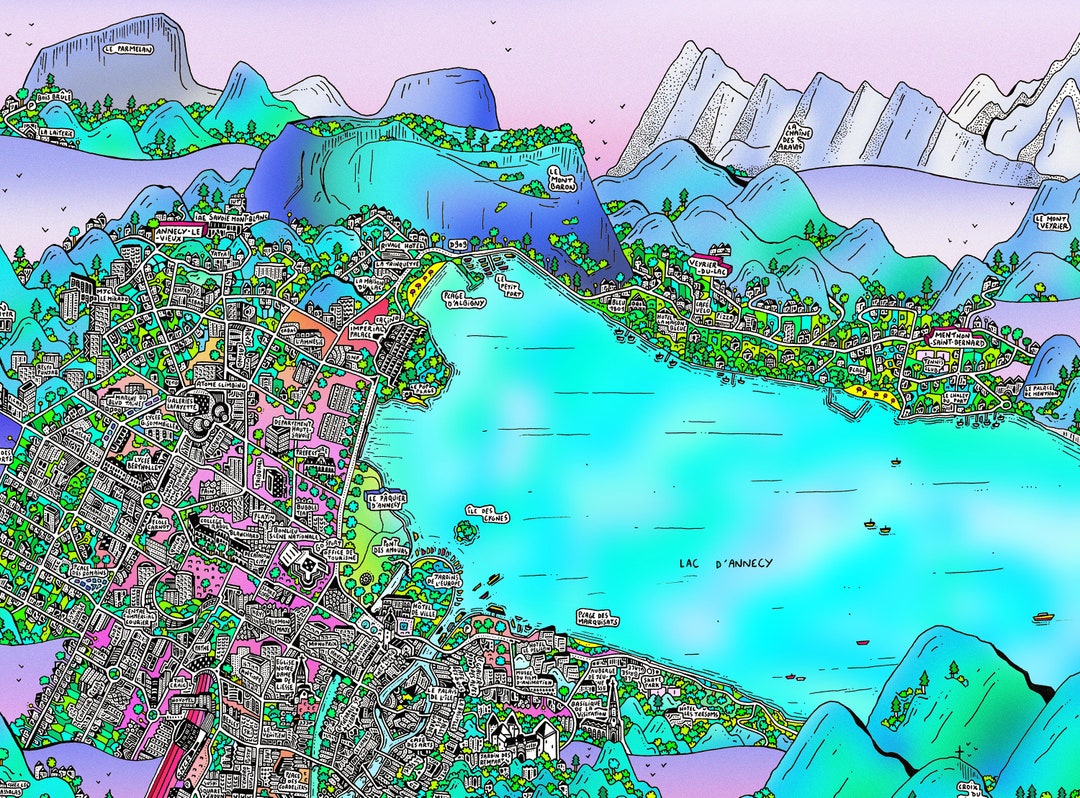 Affiche ANNECY - Map of ANNECY - Cartographie Dessinée à la main pour ...