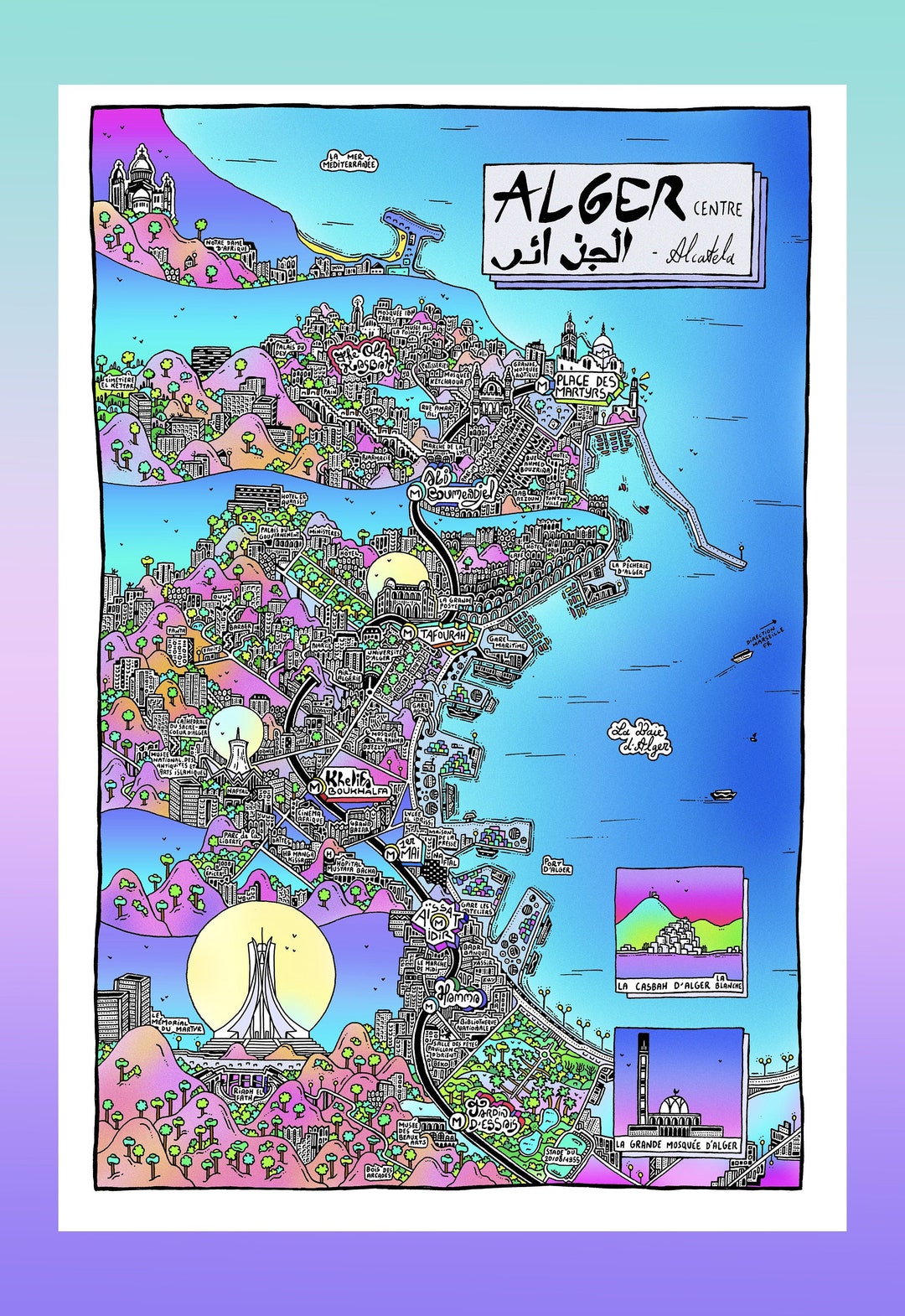 ALGER Poster - Map of Algiers - Hand-drawn Cartography for Wall ...
