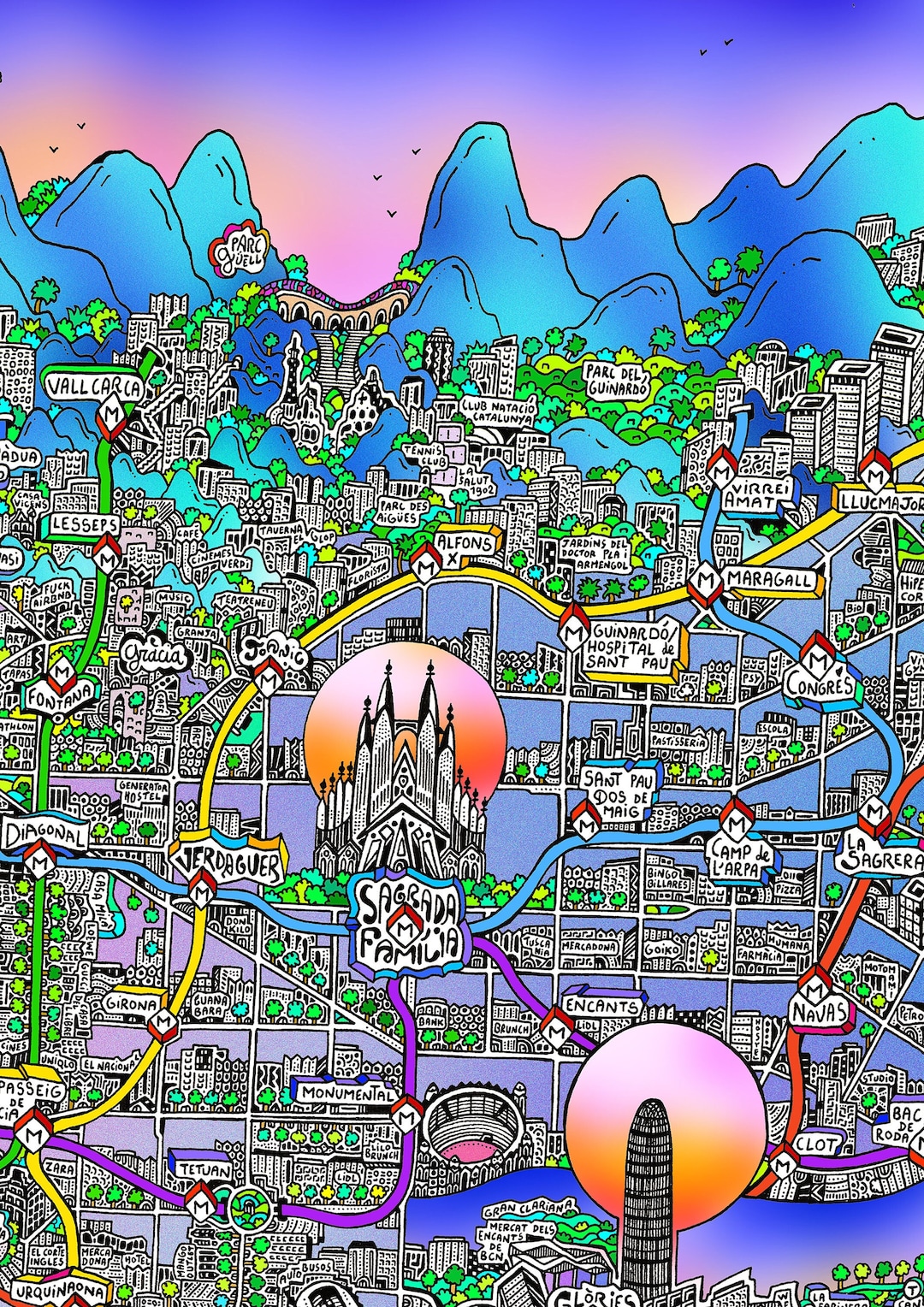 BARCELONA Poster - Map of BARCELONA - Hand Drawn Cartography for Wall ...