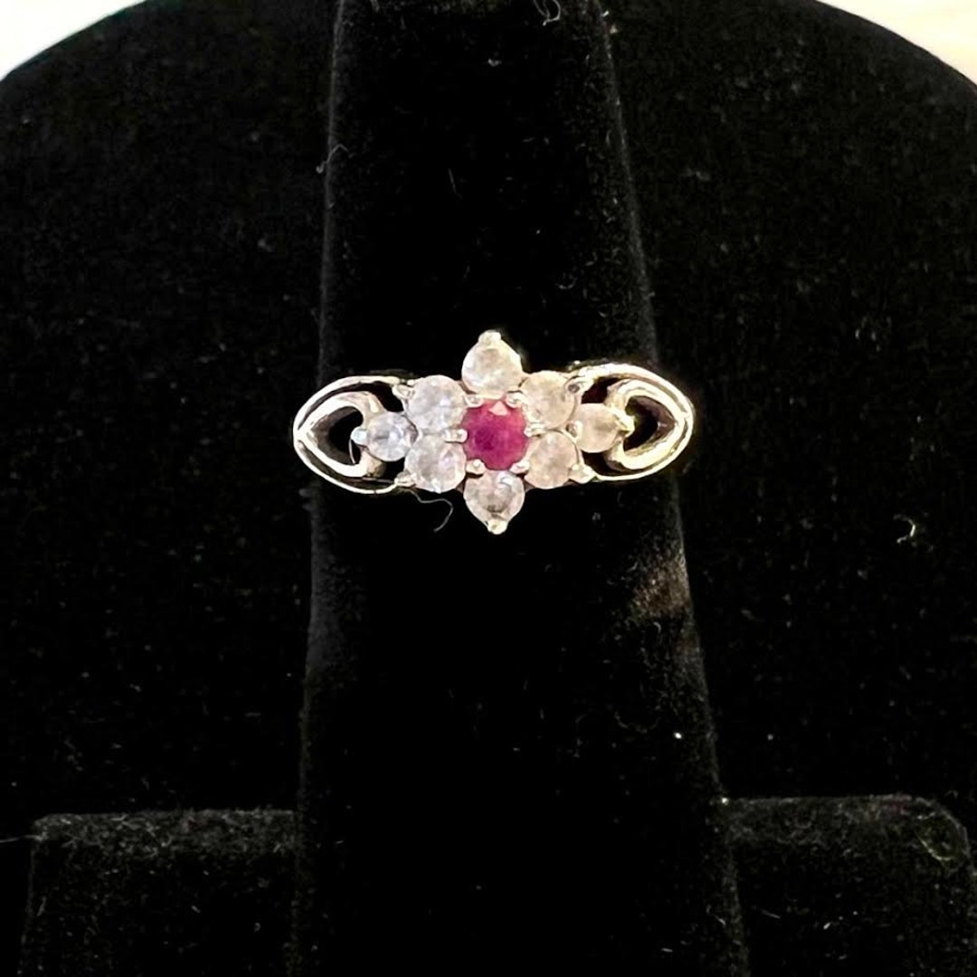 Vintage Silver, Ruby, and Diamond Flower Ring - Etsy